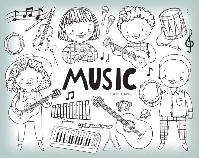 Music Black and White Clipart Musical Instruments Doodle - Etsy