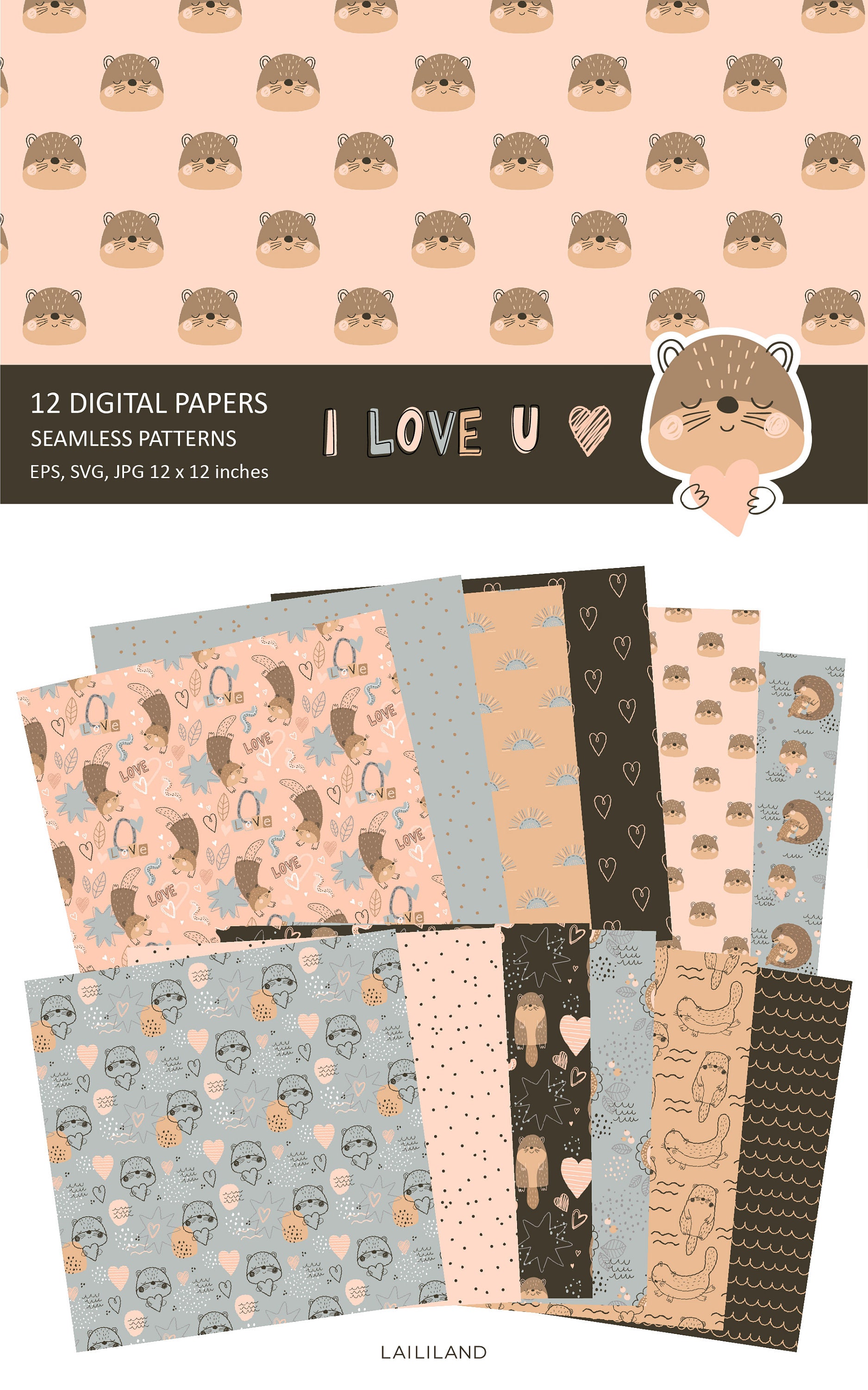 Otter Digital Paper Animal Seamless Pattern Love Digital | Etsy