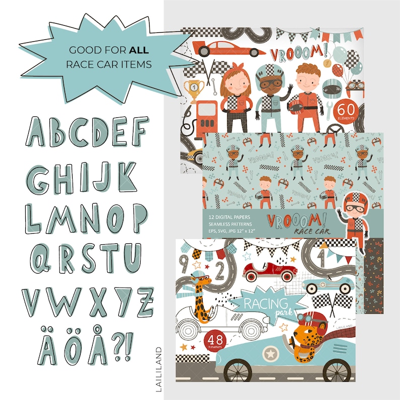 Decorative Alphabet Clipart Race Car Hand Drawn Alphabet Png - Etsy
