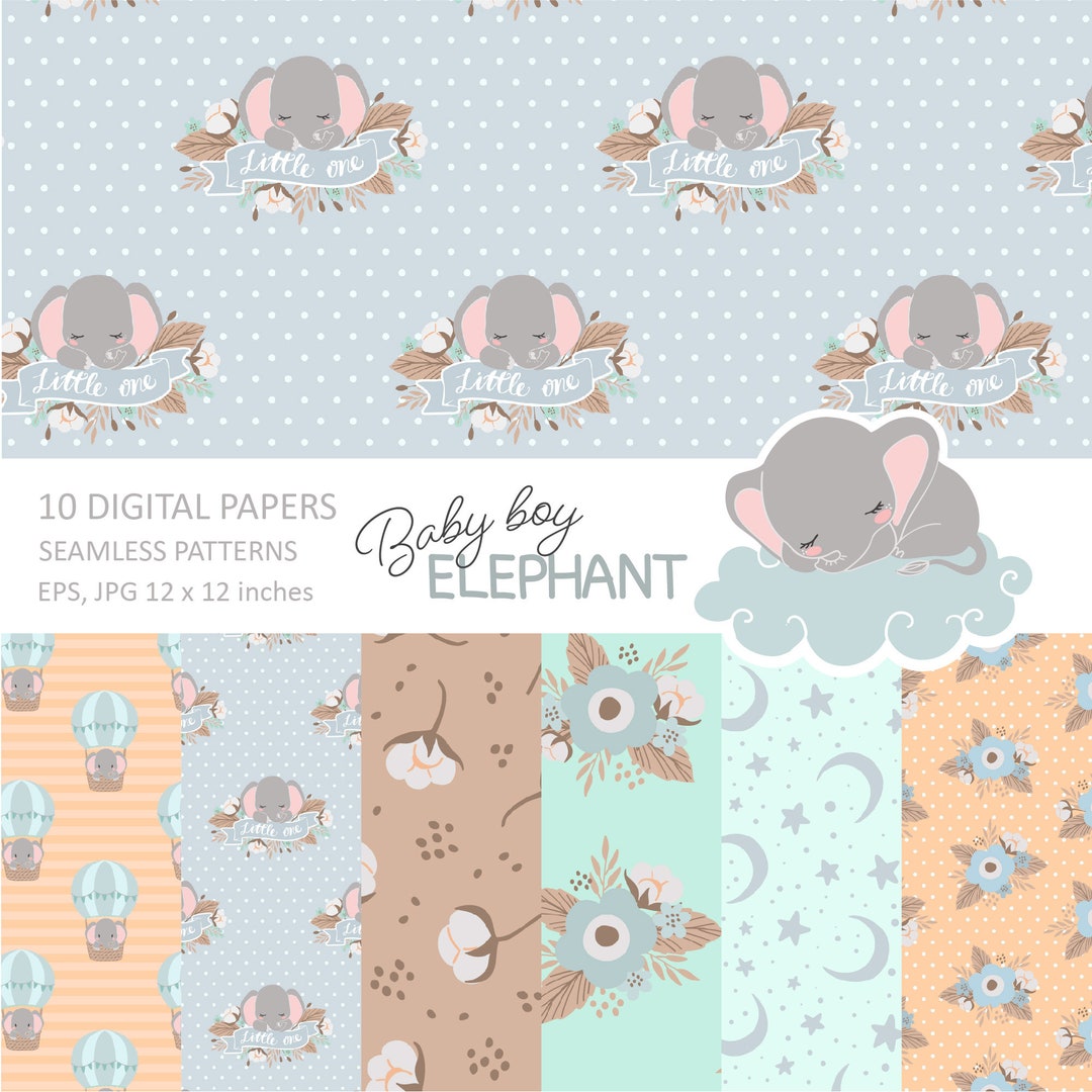Digital Paper Baby Boy, Baby Elephant Seamless Patterns, Baby Boy ...