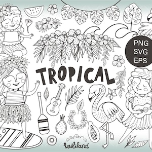 Tropical Black and White Line Art Clipart, Tropical Clipart, Summer ...