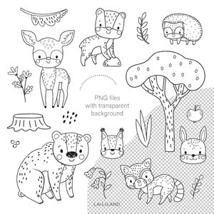 Woodland Animals Black and White Clipart, Forest Animals Doodle Clip ...
