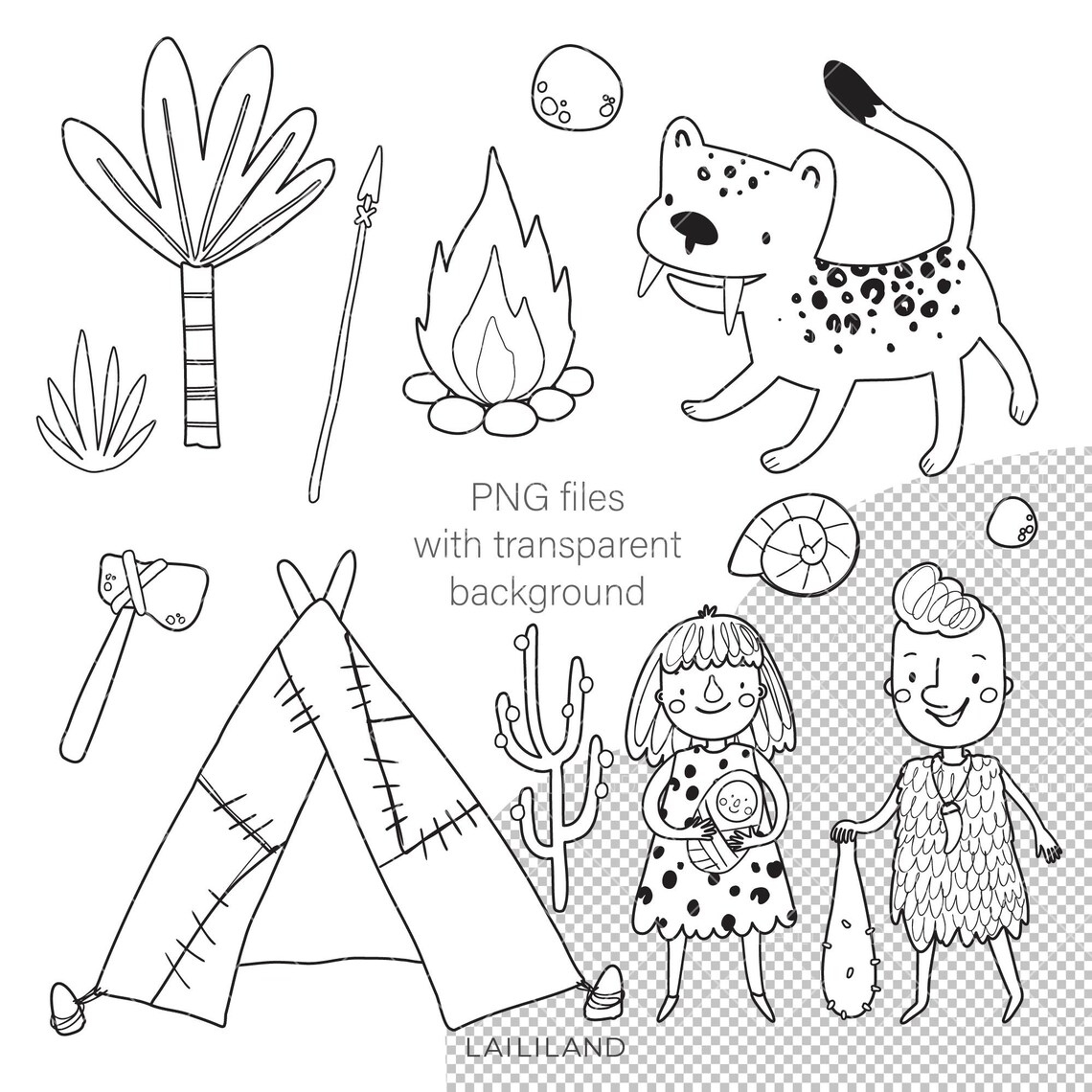 Stone Age Black and White Clipart: Kids Caveman Family Doodles (digital ...
