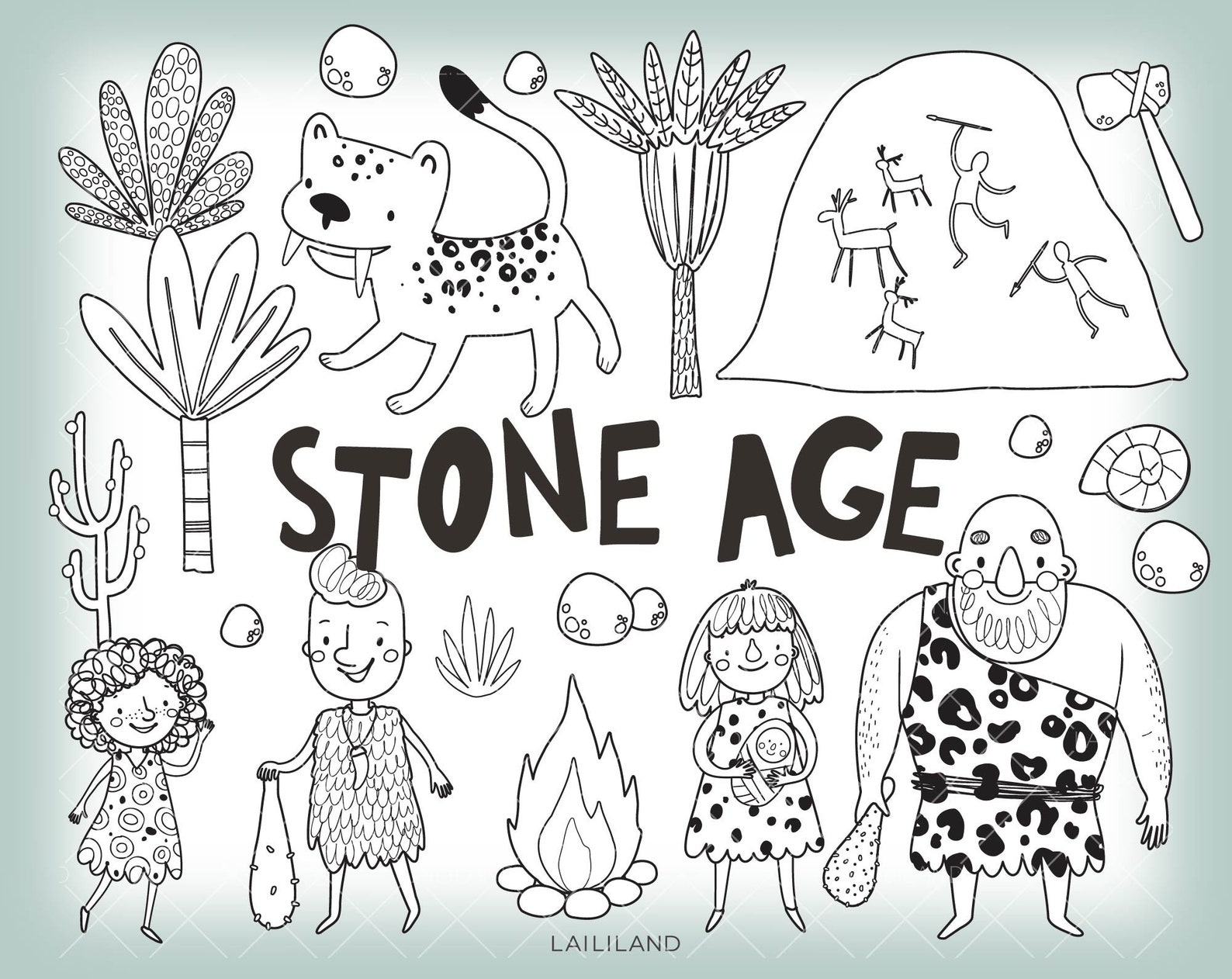 Stone Age Black and White Clipart: Kids Caveman Family Doodles (digital ...