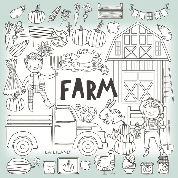 Black and White Farm Clipart - Etsy