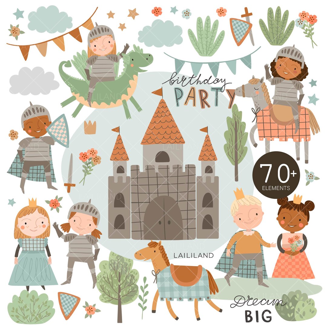 Princess and Knight Clipart: Dragon, Castle Illustrations (digital ...