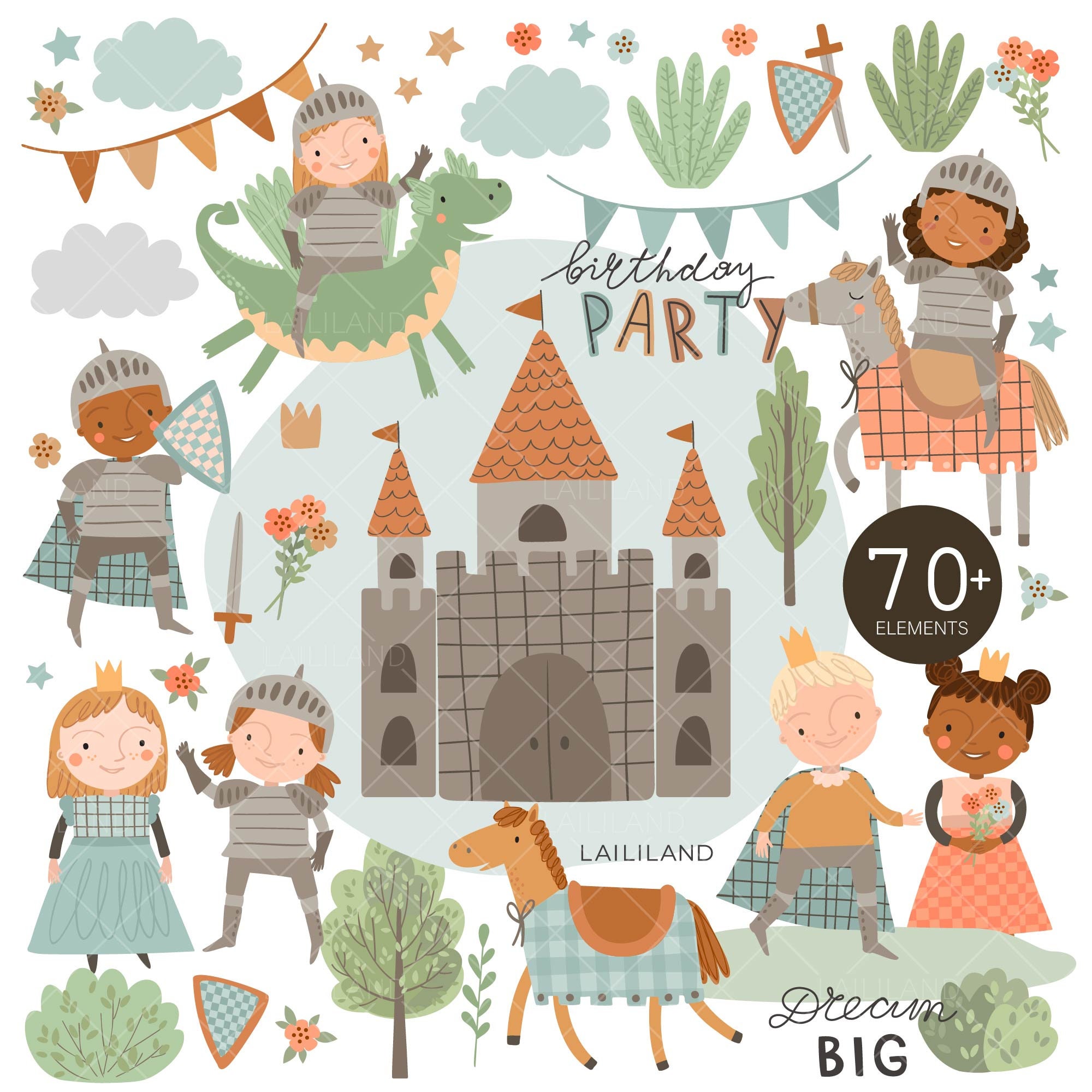 Princess and Knight Clipart: Dragon, Castle Illustrations (digital ...