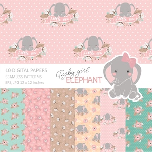 Digital Paper Baby Girl, Baby Elephant Girl Seamless Patterns, Baby ...