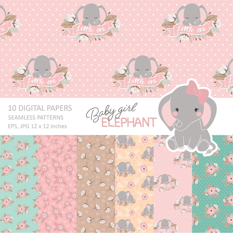 Digital Paper Baby Girl Baby Elephant Girl Seamless Patterns | Etsy