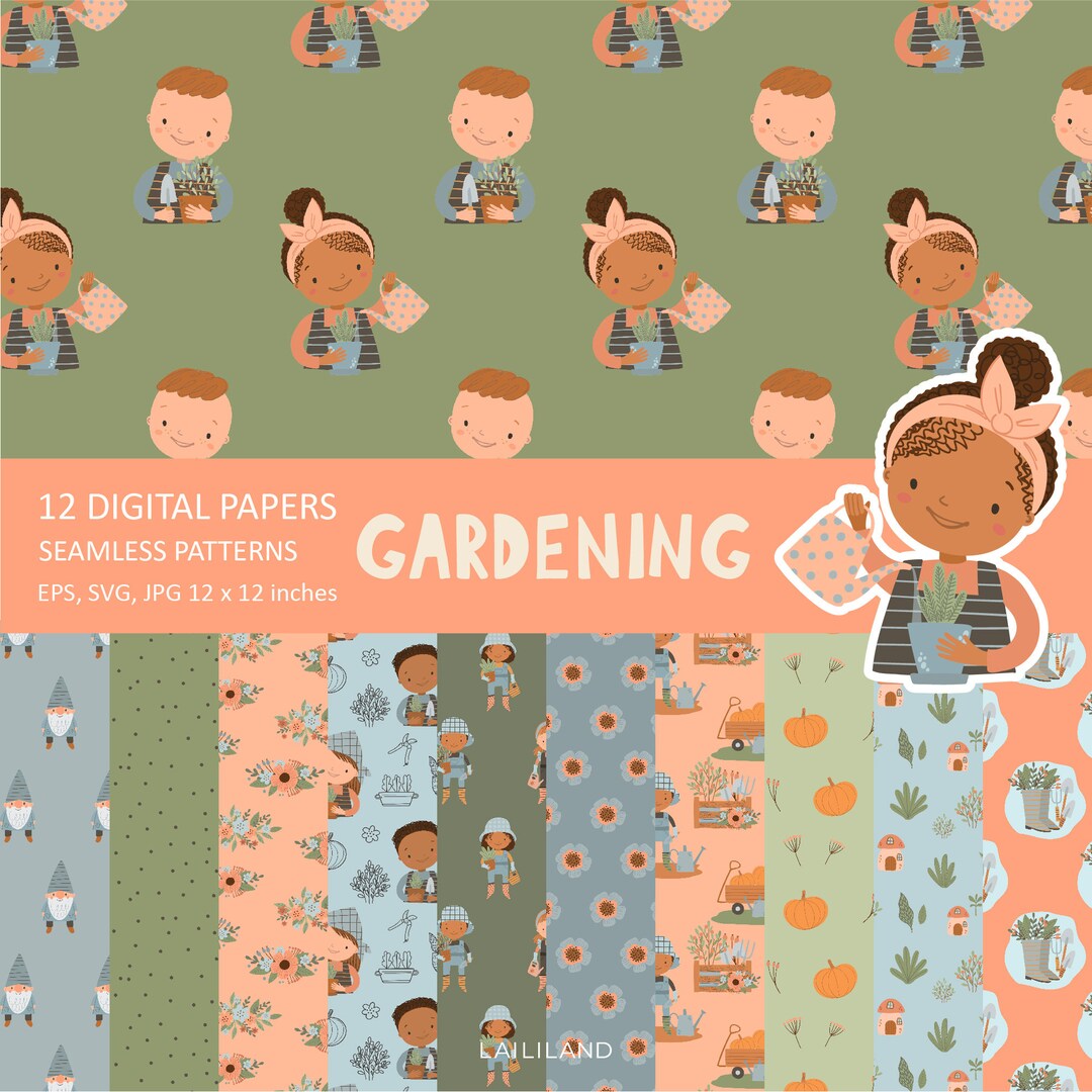 Gardening Digital Paper, Kids Seamless Pattern, Summer Digital ...
