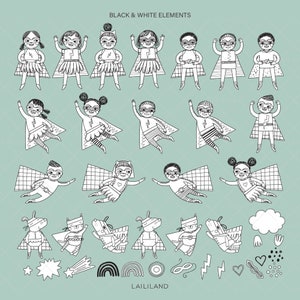 Superhero Black and White Clipart, Superhero Doodle Clipart, Girl and ...