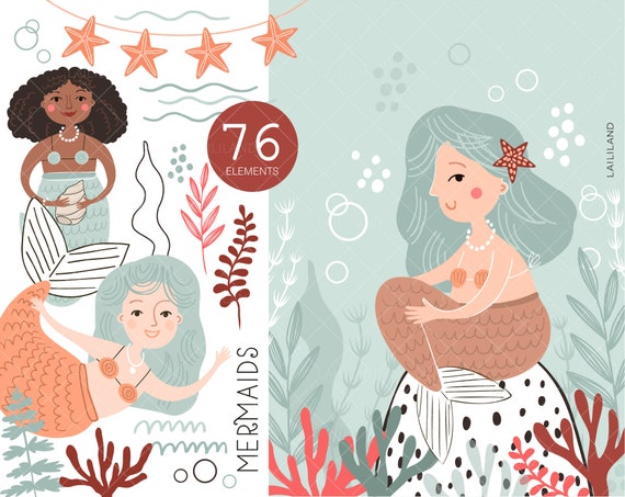 Mermaid Clipart Sea Clipart Cute Mermaid Vector Clip Art - Etsy