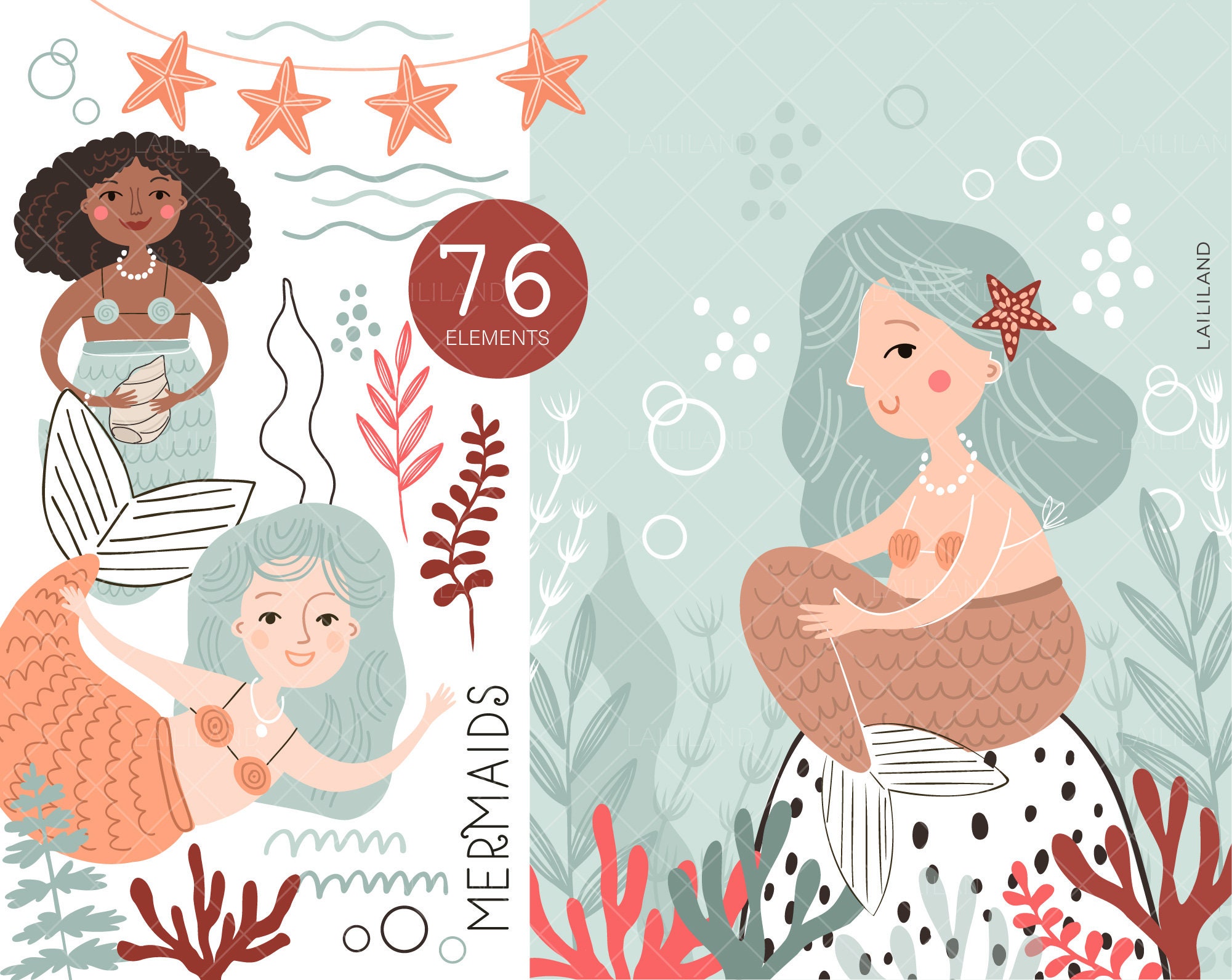Mermaid Clipart, Sea Clipart, Cute Mermaid Vector Clip Art, Ocean ...