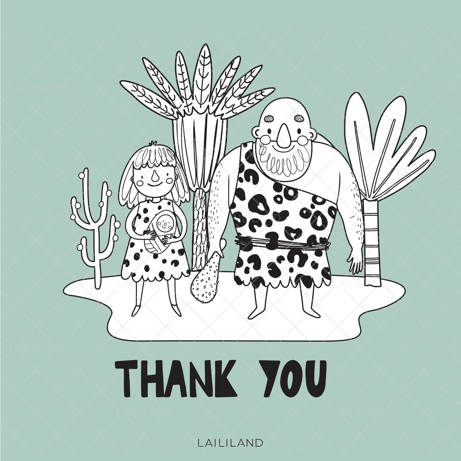Stone Age Black and White Clipart: Kids Caveman Family Doodles (digital ...