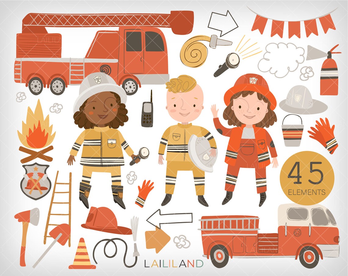 Firefighter Clipart Cute Fireman Clip Art Kids Firefighters - Etsy Finland