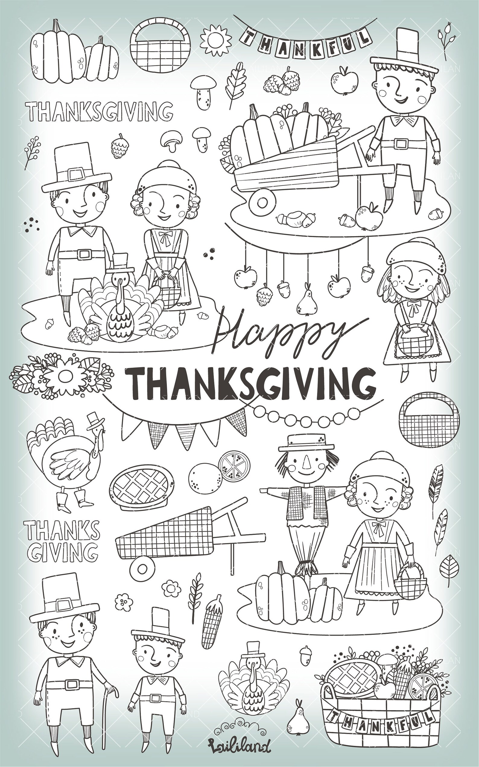 Thanksgiving Black and White Clipart Happy Thanksgiving - Etsy