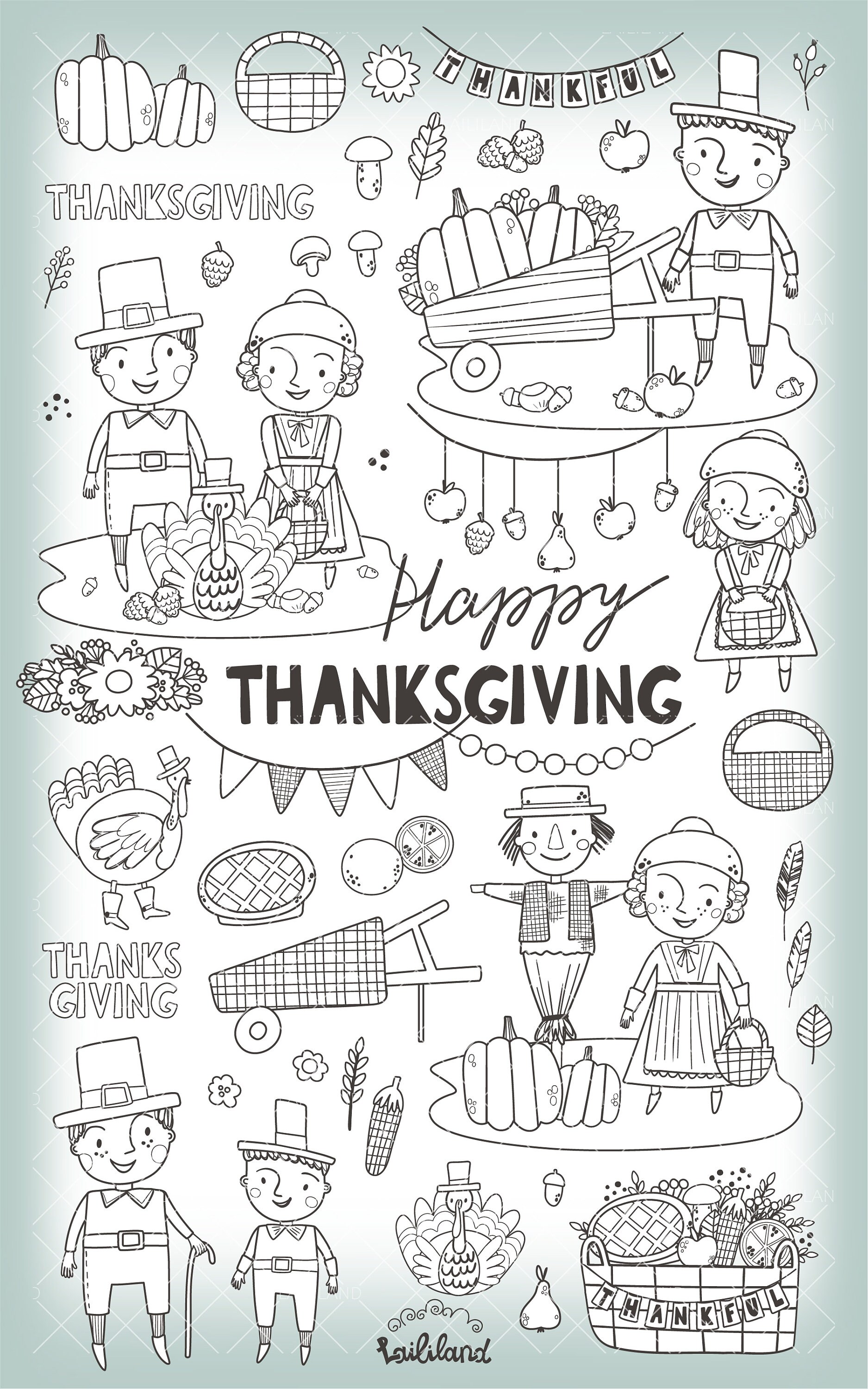 Thanksgiving Doodle Clipart: Black and White Thanksgiving Graphics ...