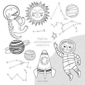 Space Black and White Clipart, Astronaut Doodle Clip Art, Space Line ...