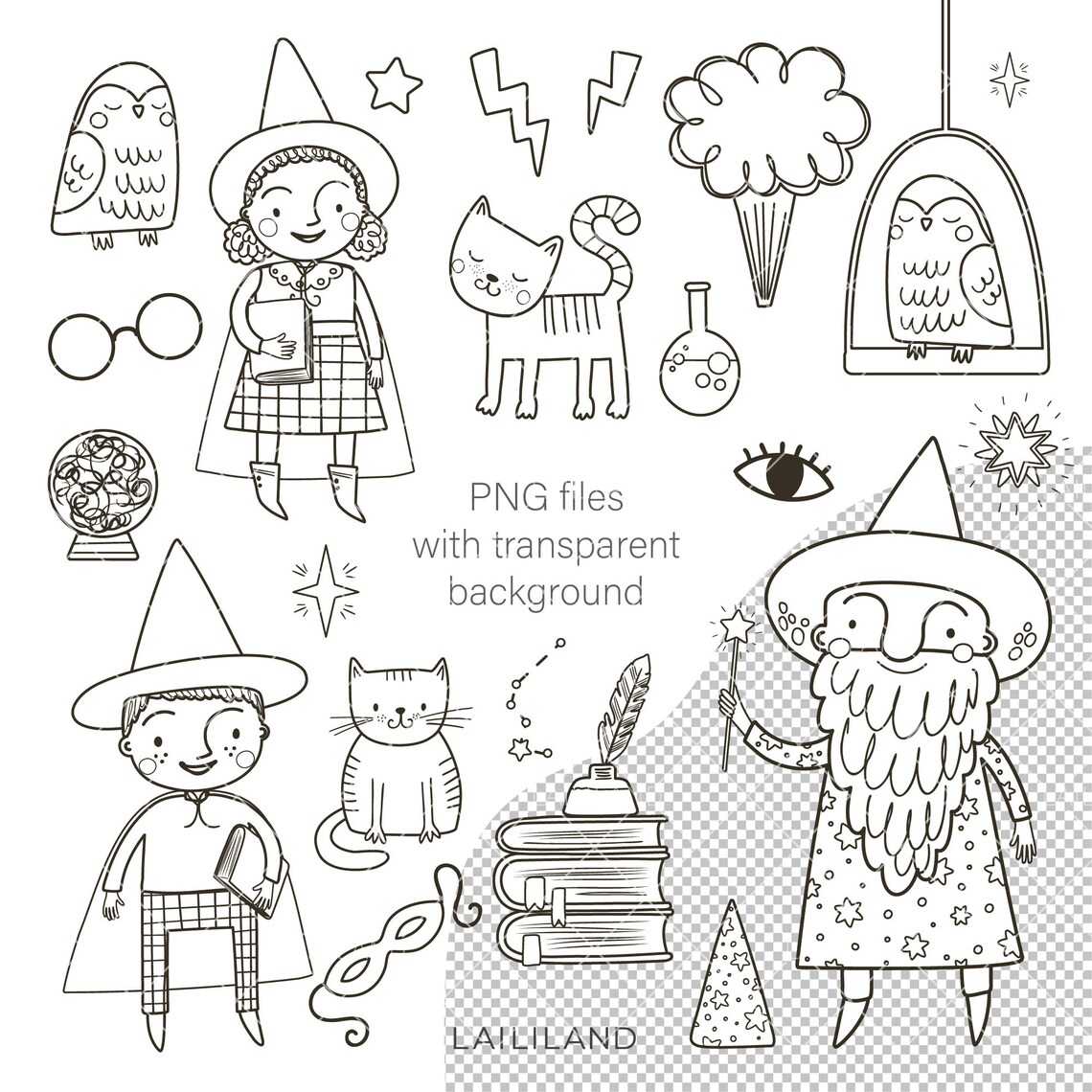 Wizard Black and White Clipart Magic Doodle Clip Art Wizard - Etsy