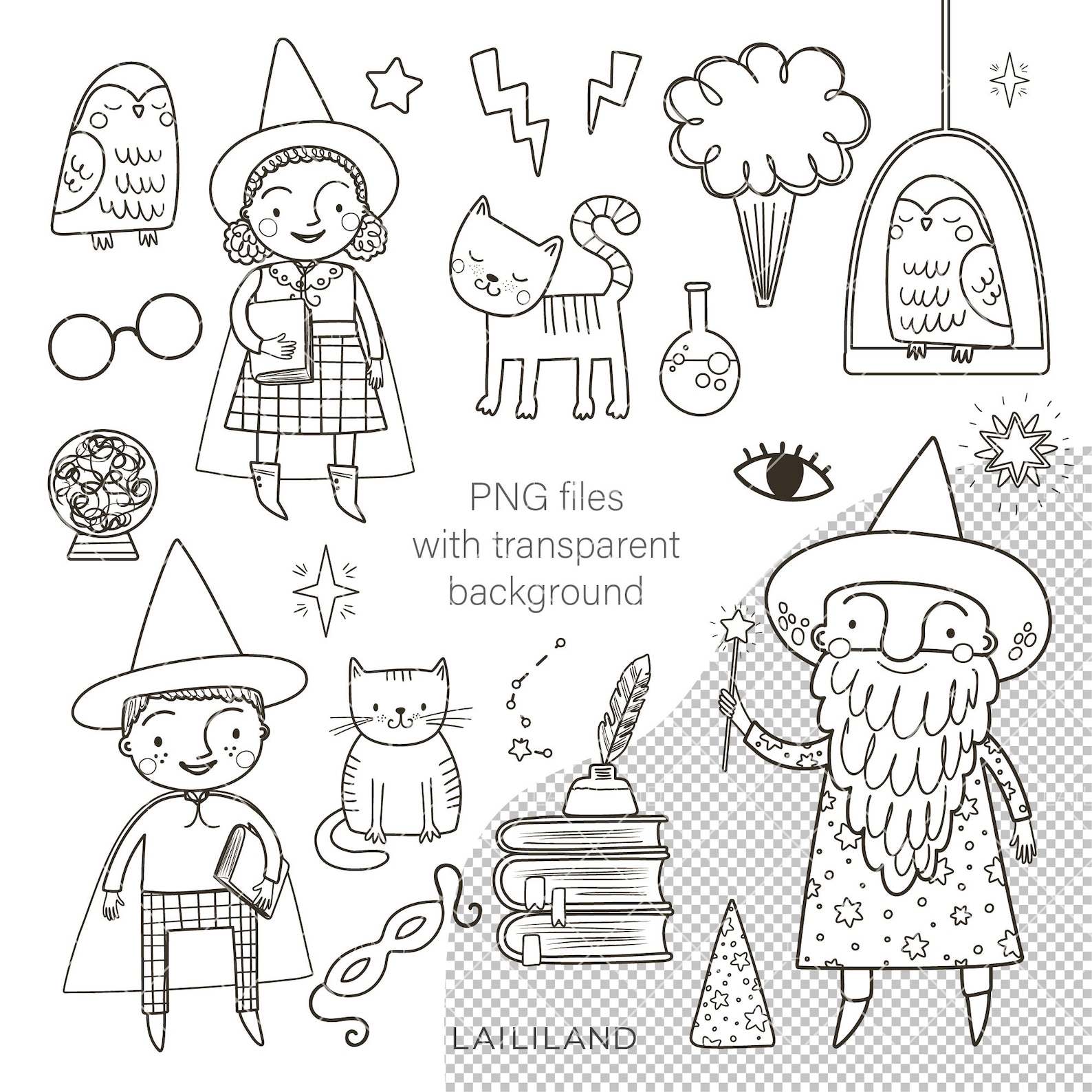 Wizard Black and White Clipart Magic Doodle Clip Art Wizard - Etsy
