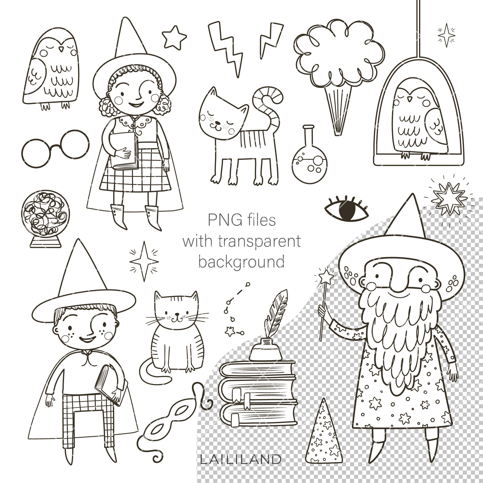 Wizard Black and White Clipart: Magic Doodle Art (digital Download ...