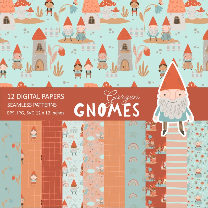 Garden Gnome Digital Paper Seamless Pattern Kids Digital | Etsy