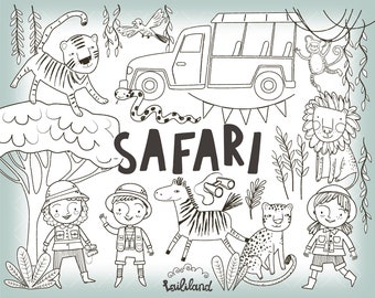 Jungle Animal Black and White Clipart Safari Doodle Clip Art | Etsy