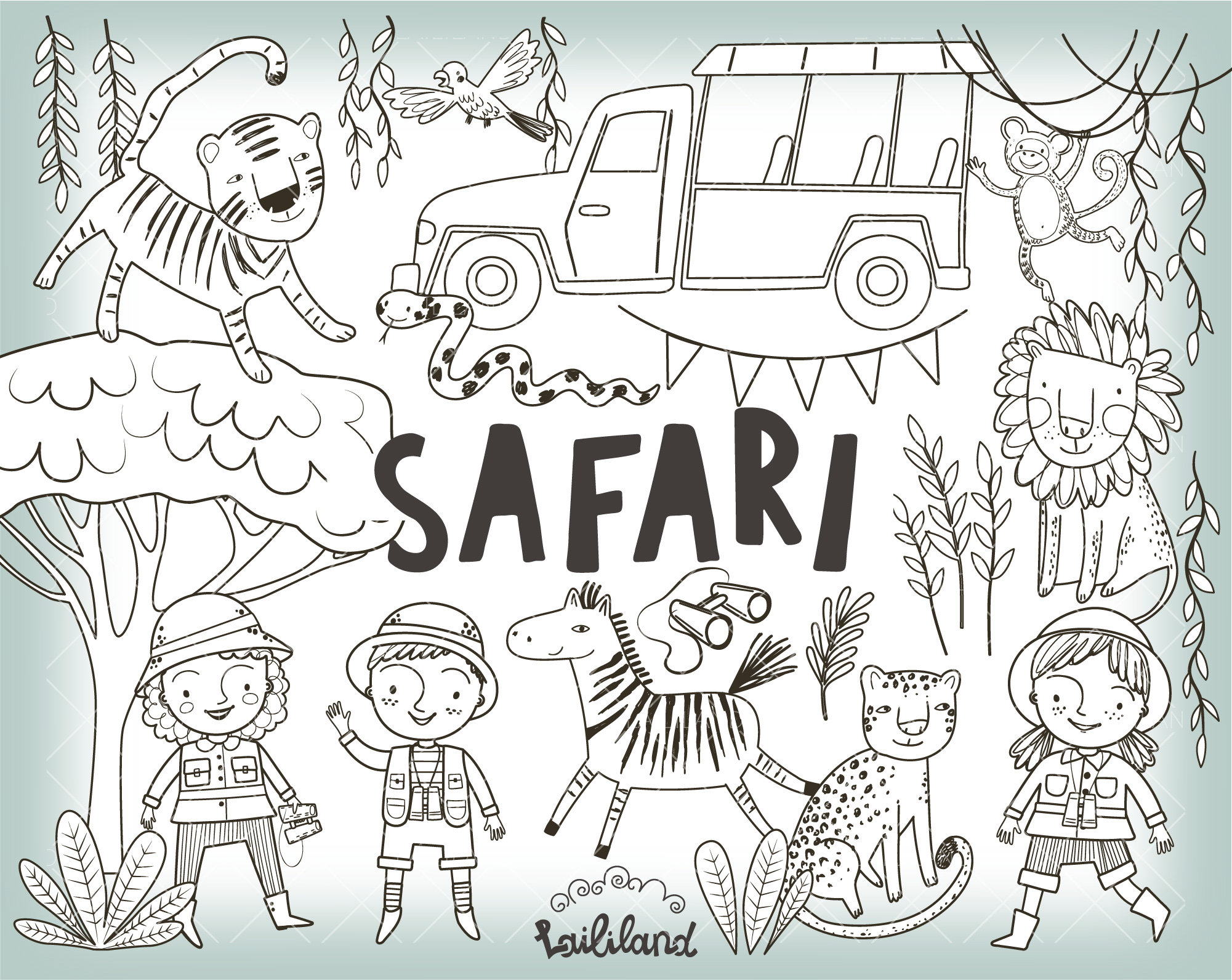 Safari Black and White Clipart Doodle Clip Art African - Etsy