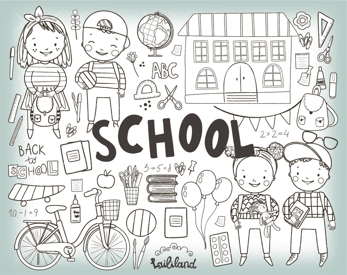School Doodle Clipart Back to School Black and White Clip | Etsy