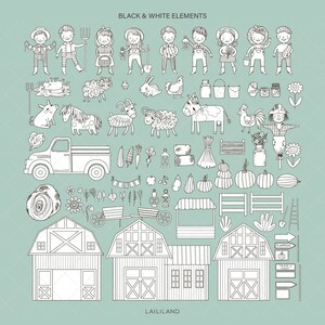 Farm Black and White Clipart, Fall Doodle Clip Art, Farm Line Art ...
