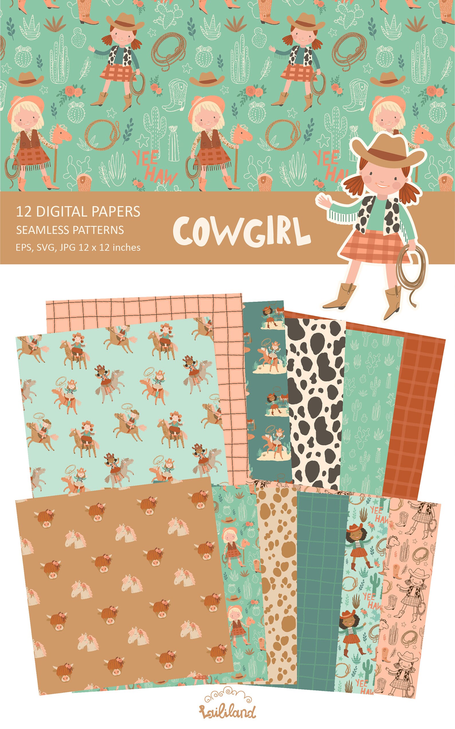 Cowgirl digital paper kids seamless pattern western girl | Etsy
