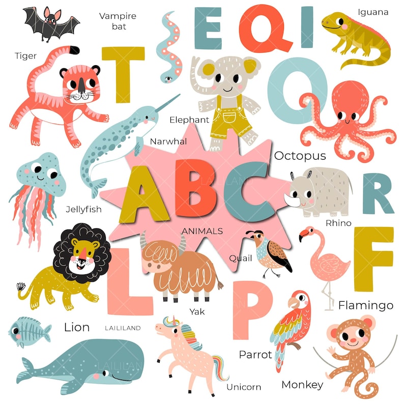 Animal Alphabet Clipart, ABC Clip Art, Cute Animals Png Files, Alphabet ...