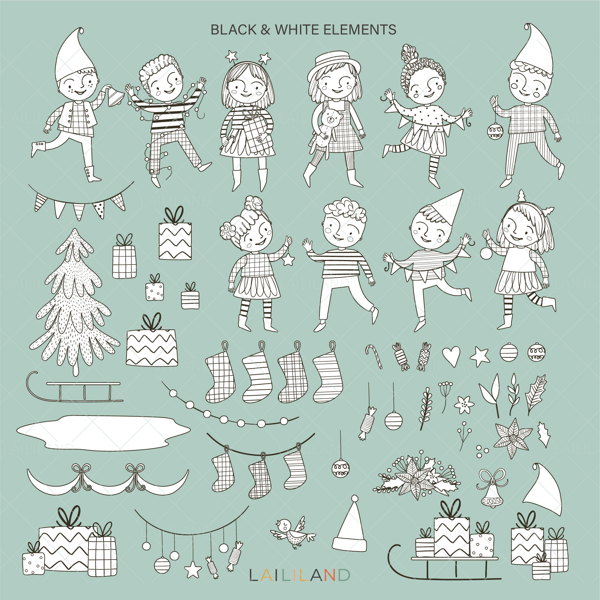 Christmas kids black and white clipart Christmas doodle clip | Etsy