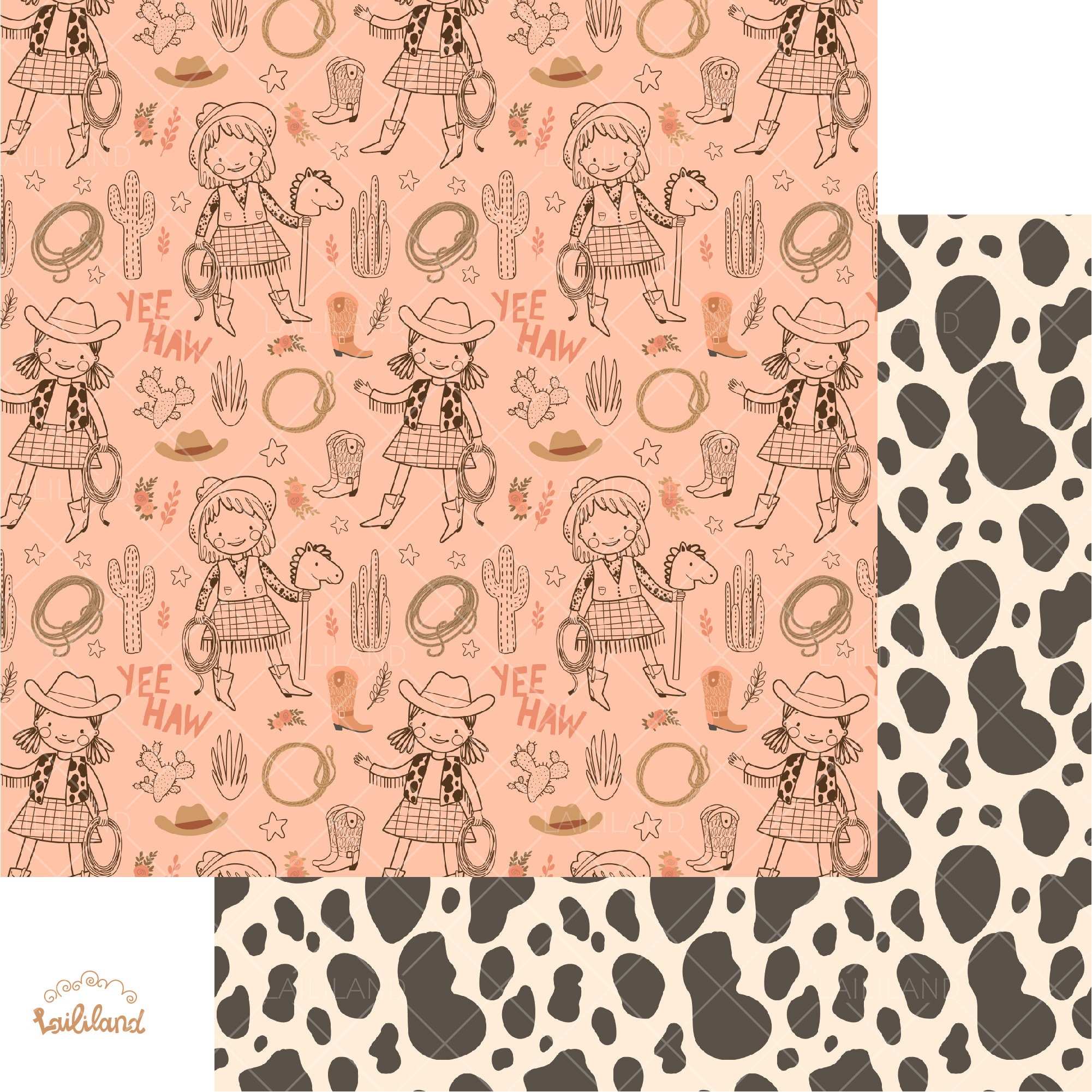 Cowgirl digital paper kids seamless pattern western girl | Etsy