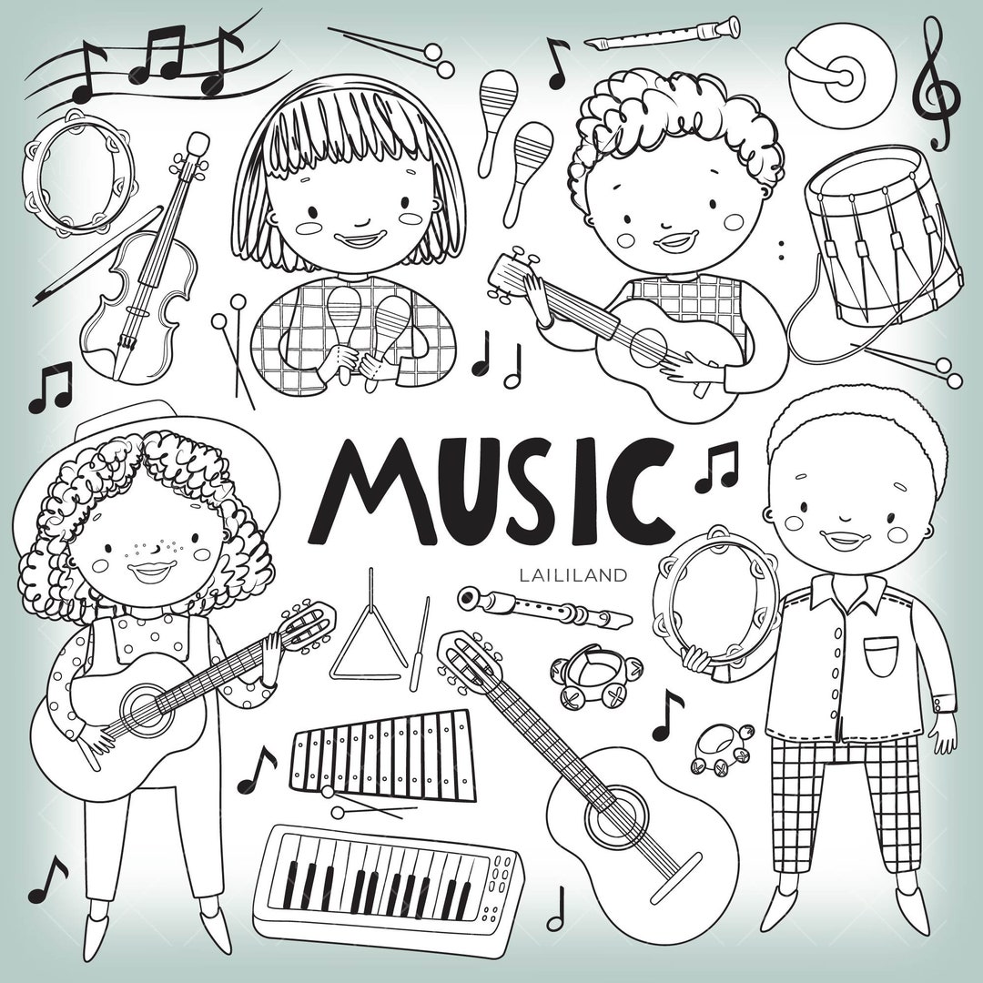 Kids Playing Instruments Clipart Black And White