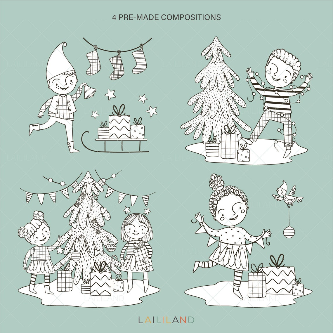 Christmas kids black and white clipart Christmas doodle clip | Etsy