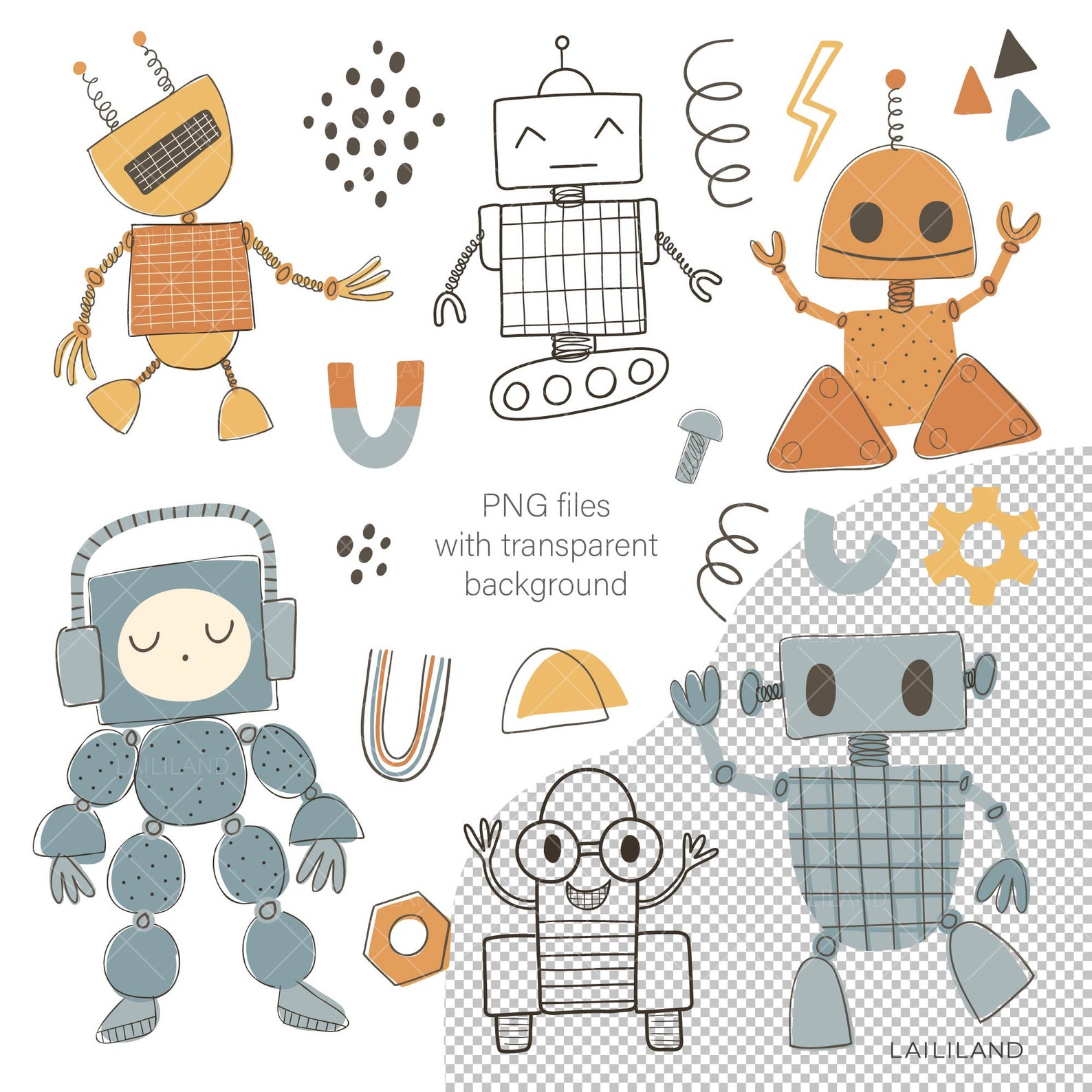 Robot Clipart, Cute Hand Drawn Robots Clip Art, Robot Doodle Clipart ...