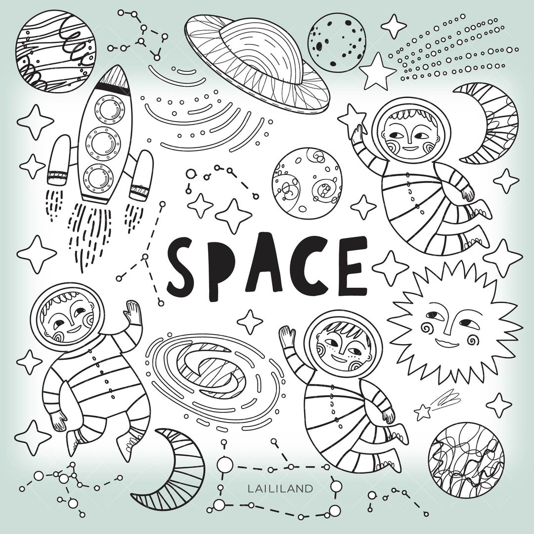Space Black and White Clipart, Astronaut Doodle Clip Art, Space Line ...