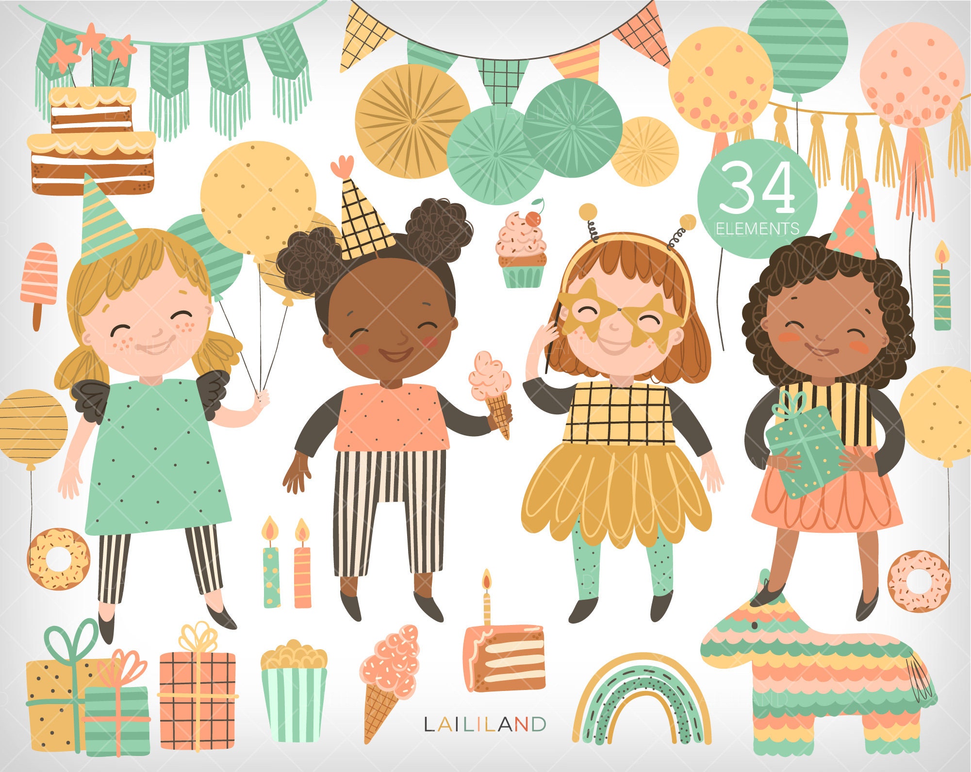 Birthday Party Girl Clipart: Cake, Balloons, Pinata (digital Download ...