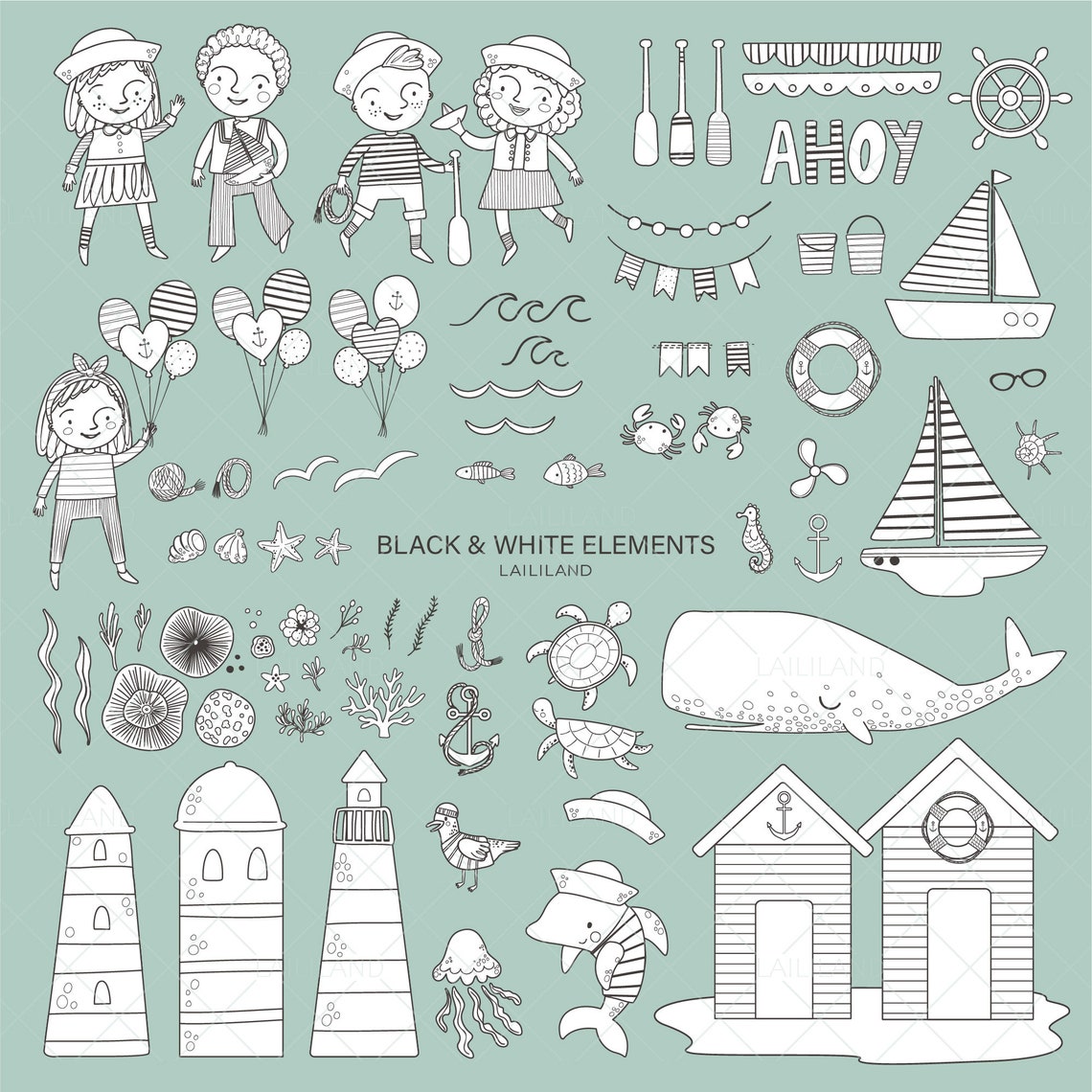 Nautical Black and White Clipart: Summer Doodles PNG and EPS Files ...