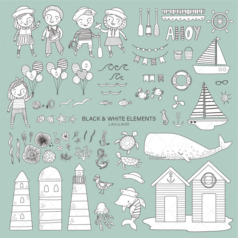 Nautical Black and White Clipart Summer Doodle Clip Art Sea | Etsy