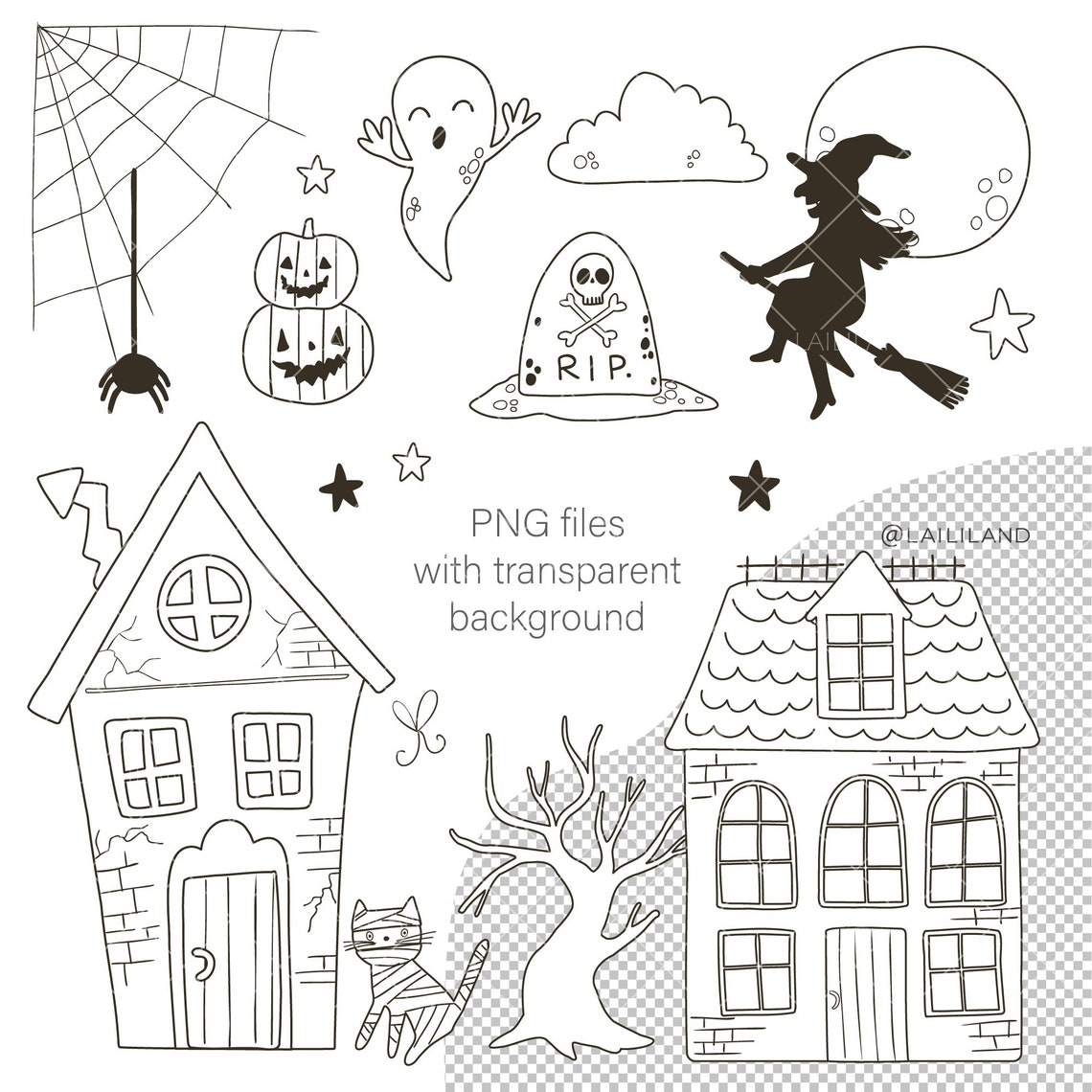 Halloween Doodle Clipart Halloween House Black and White Clip - Etsy