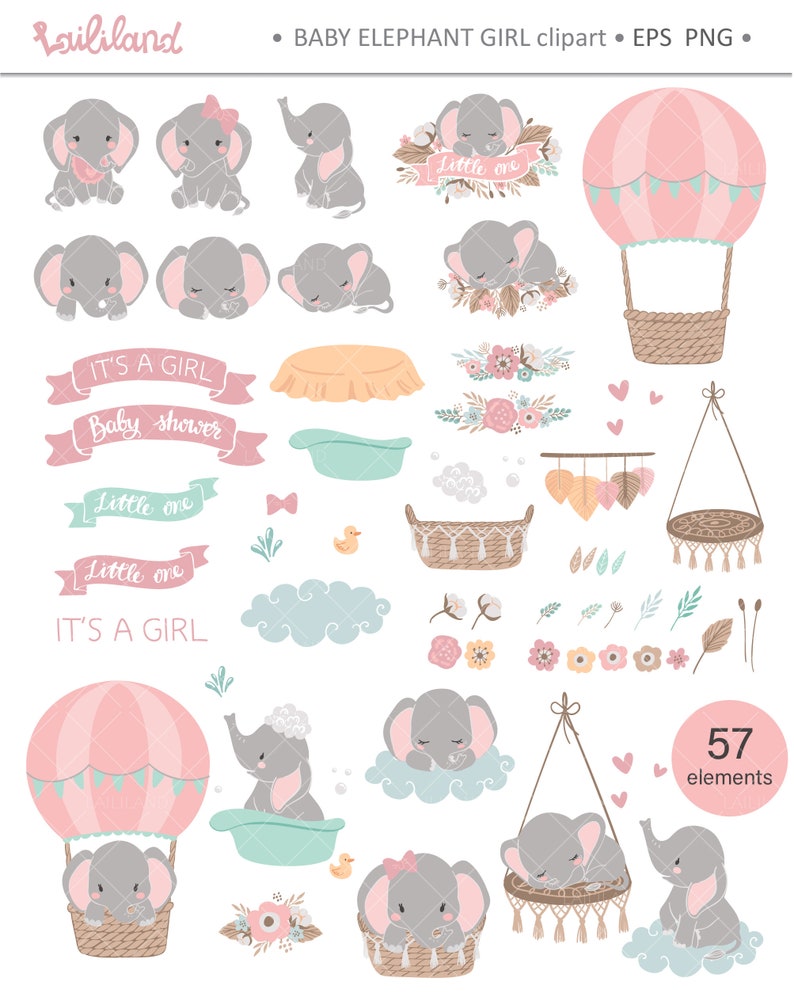 Baby Shower Clipart Baby Elephant Clipart Girl Elephant Clip - Etsy