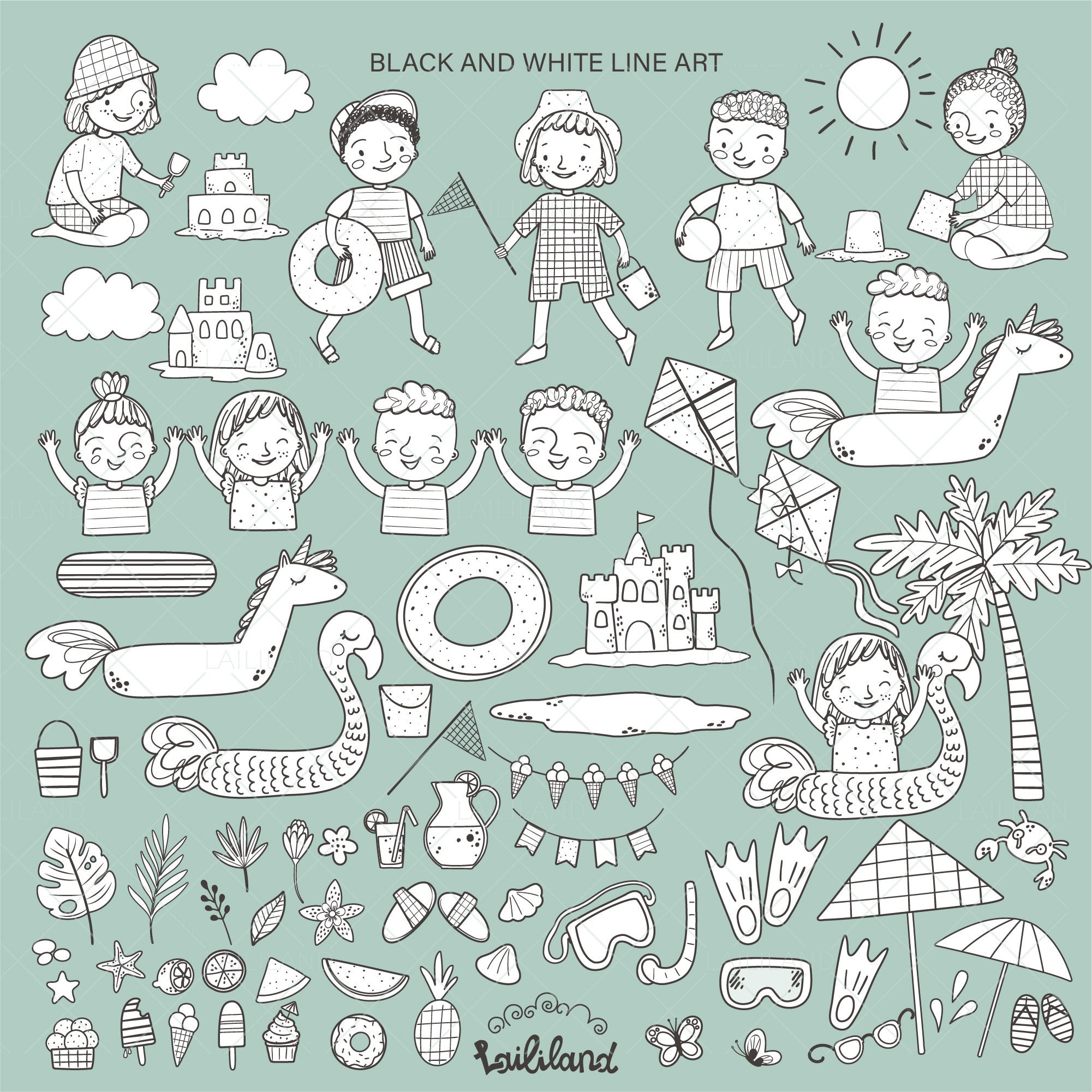 Summer Clipart Summer Time Black and White Png Files Kids - Etsy
