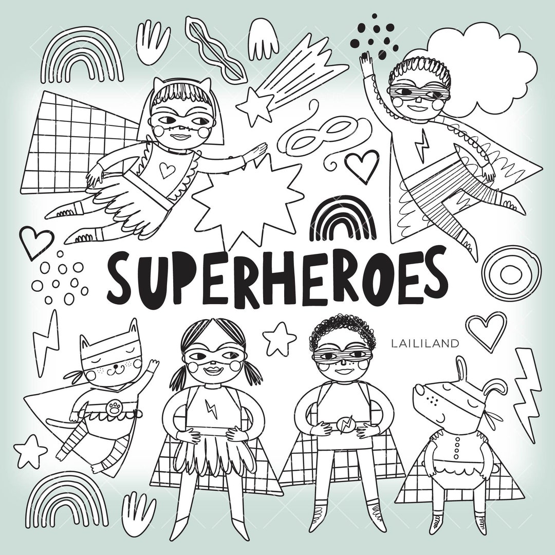 Superhero Black and White Clipart, Superhero Doodle Clipart, Girl and ...