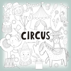 Circus Doodle Clipart, Black and White Clipart, Digital Download ...