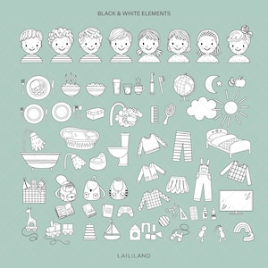 Kids Daily Routine Black and White Clipart: Morning, Evening Doodle Art ...