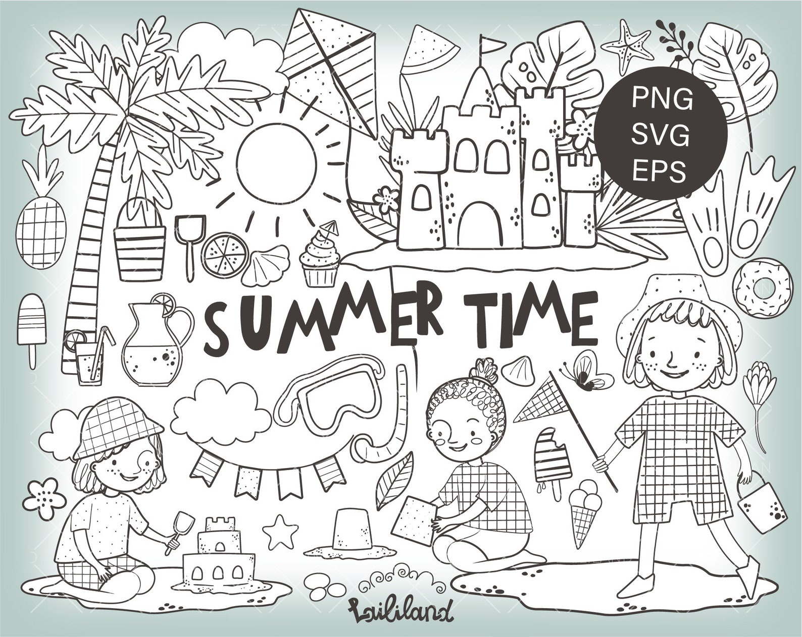 Summer Clipart Summer Time Black and White Png Files Kids - Etsy