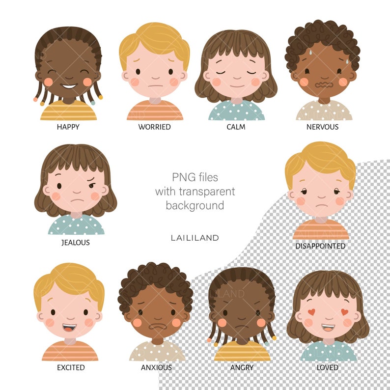 Kids Emotions Clipart: Children Faces PNG, EPS Files (digital Download ...