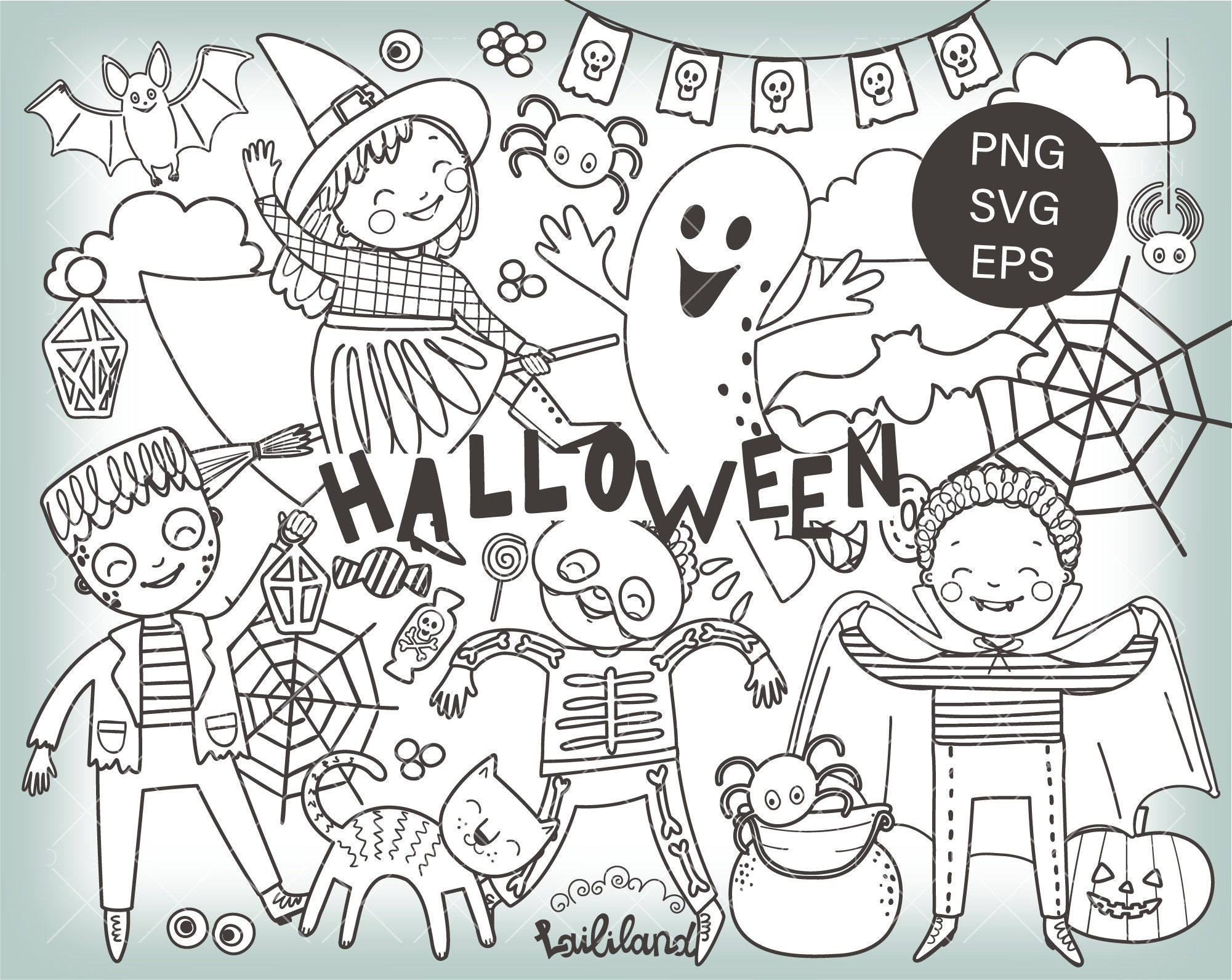 Halloween Black and White Clipart Halloweeen Kids Doodle - Etsy